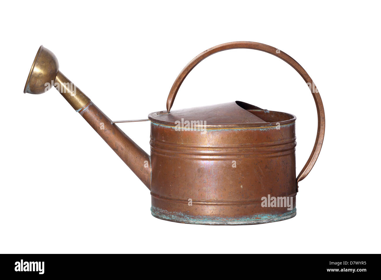 Very beautiful old copper watering can from isolated front of white ...