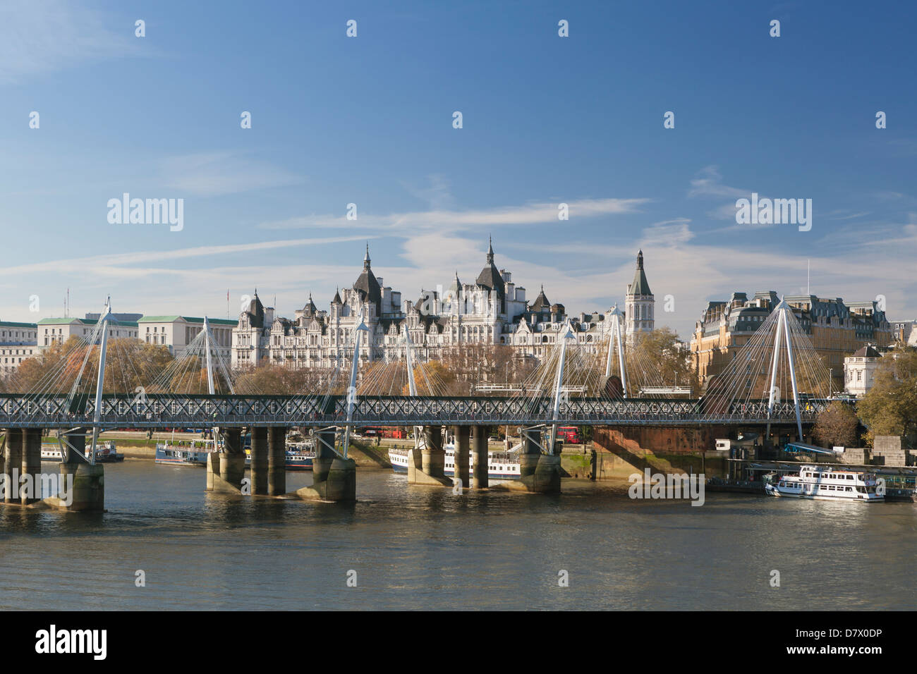 View along the river Thames with the Whitehall Court building and ...