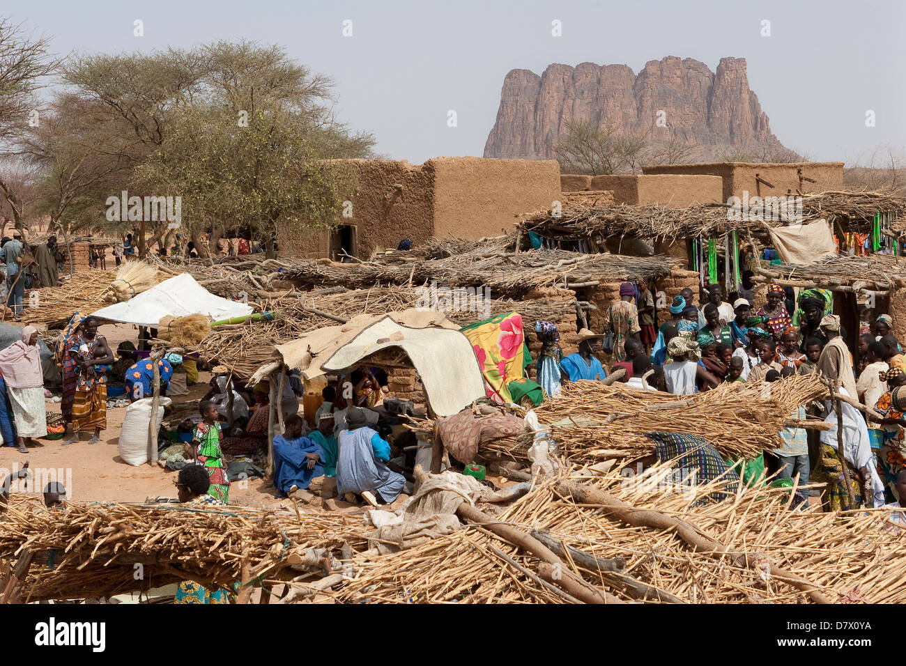 Dogon village market of Symbi with nomadic settlements of Tuareg, Fula ...