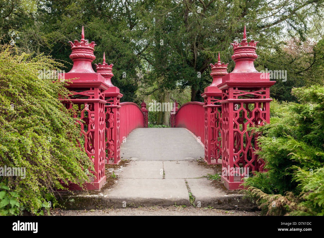 Red Bridge at Shugrorough Gardens Stock Photo - Alamy