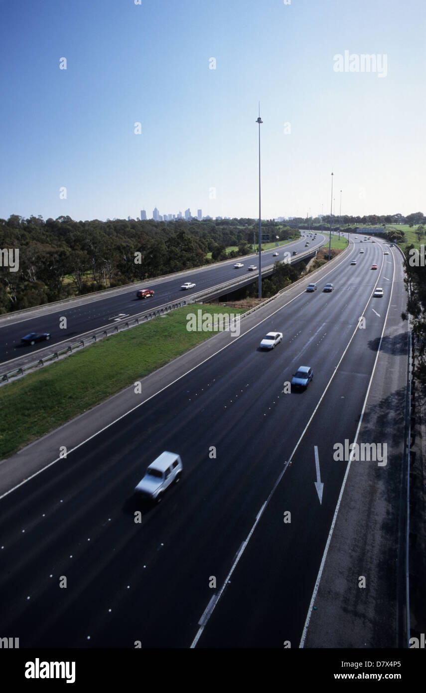 Australia, Victoria, Melbourne, the Eastern Freeway and city skyline as ...