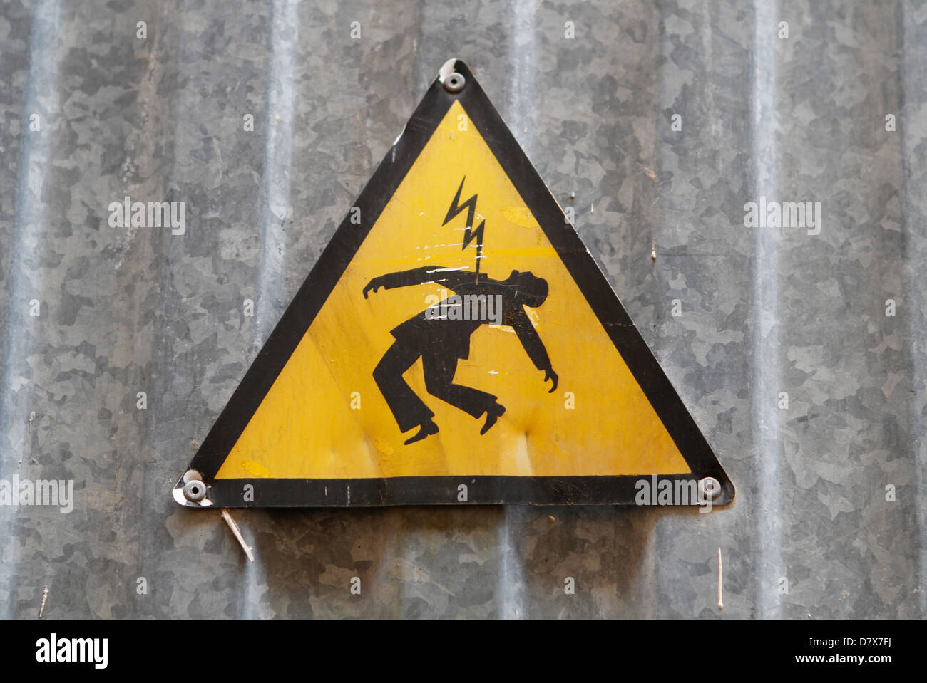 Electrical shock risk sign seen on a power plant in the Spanish island ...