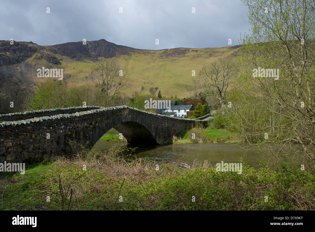 Old bridge over River Derwent at Grange, Borrowdale, Lake District ...