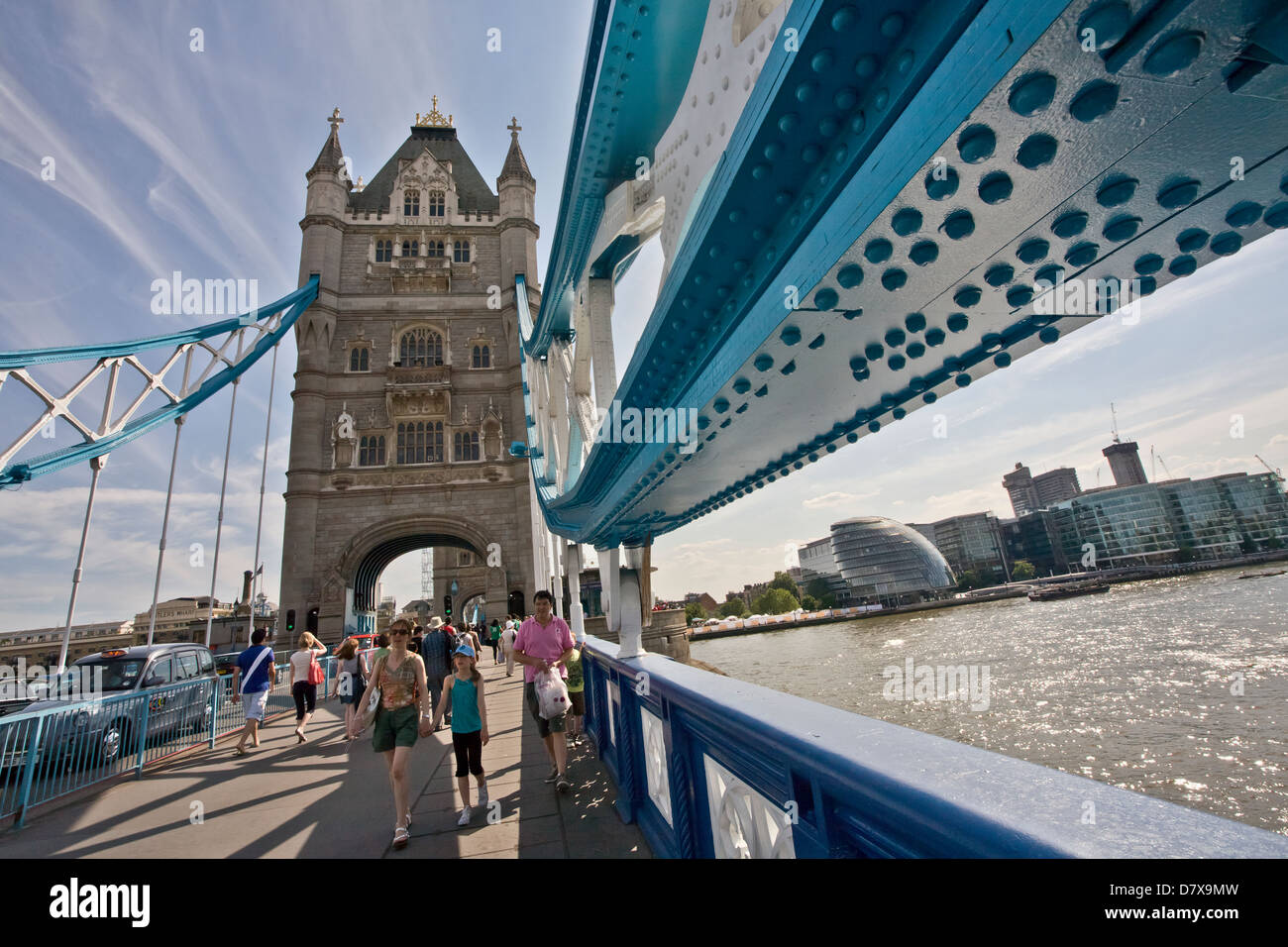 Wide angle view looking South on Tower Bridge, London Stock Photo - Alamy