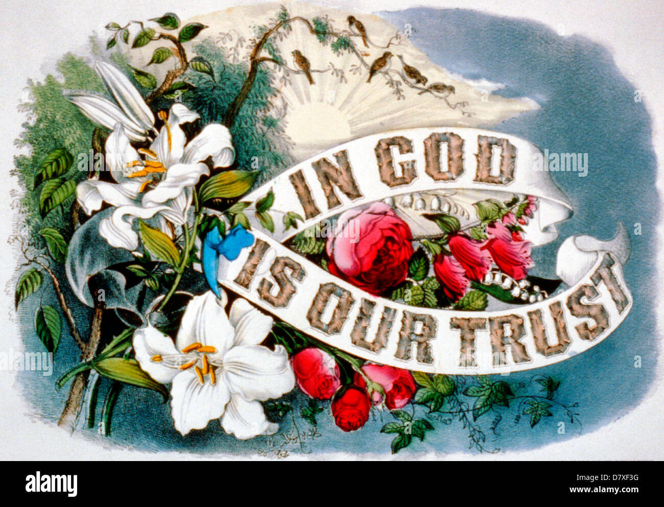 In God is Our Trust - Banner with Flowers and rising sun Stock Photo ...