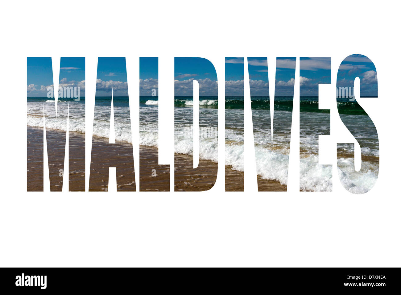 Beach concept image isolated within word MALDIVES isolated on white ...