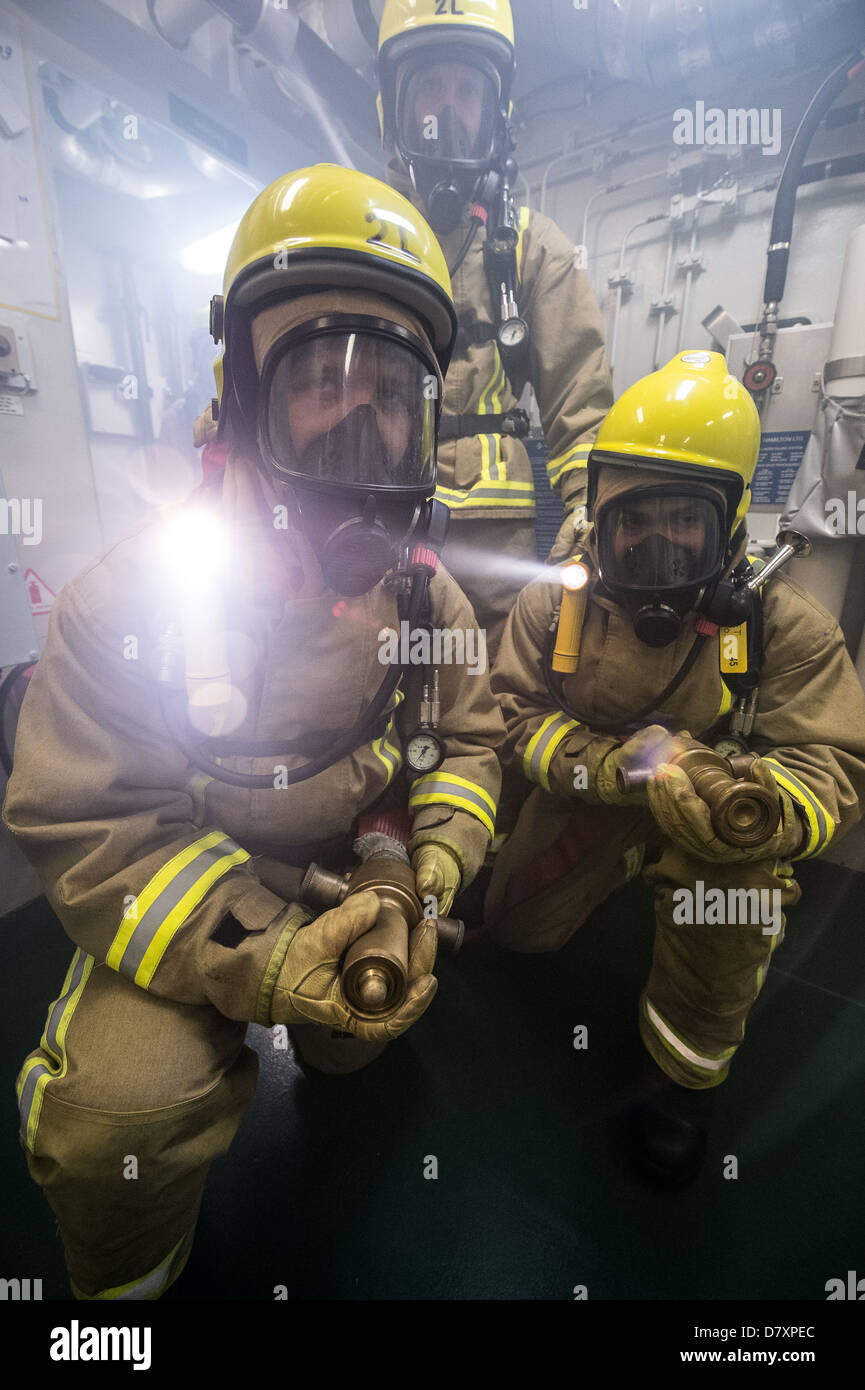 Ships Damage Control Exercise onboard Royal Navy Type 45 destroyer HMS ...