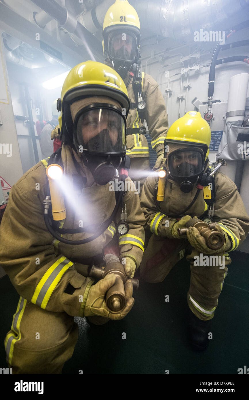 Ships Damage Control Exercise onboard Royal Navy Type 45 destroyer HMS ...