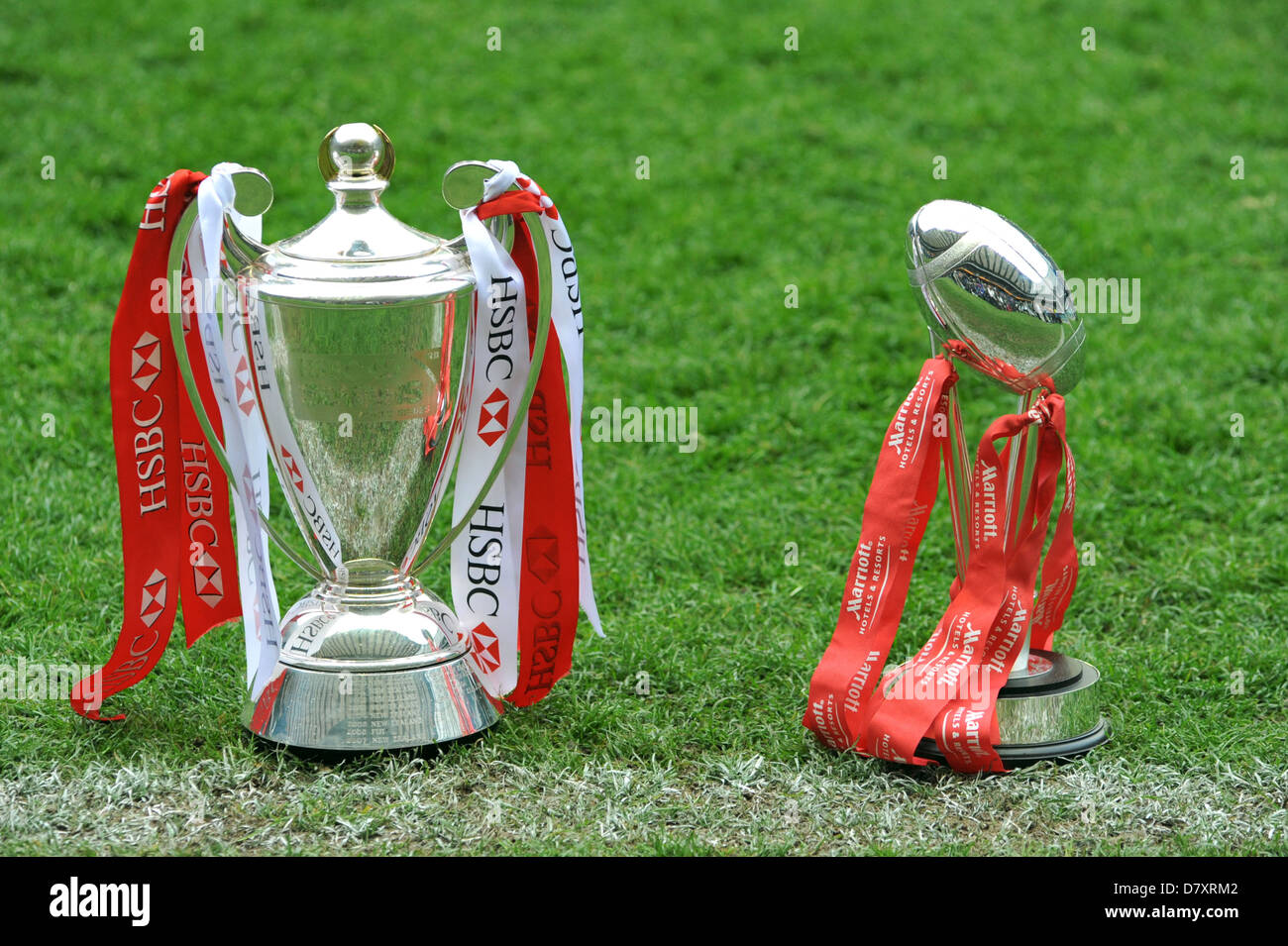 The HSBC Sevens World Series trophy (left) and the London Sevens trophy ...