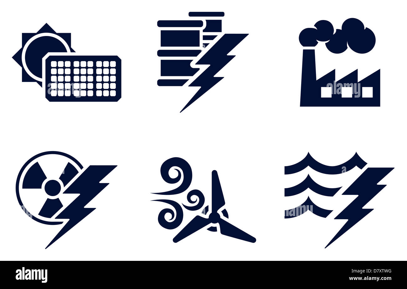 An icon set with icons representing power and energy generation types ...
