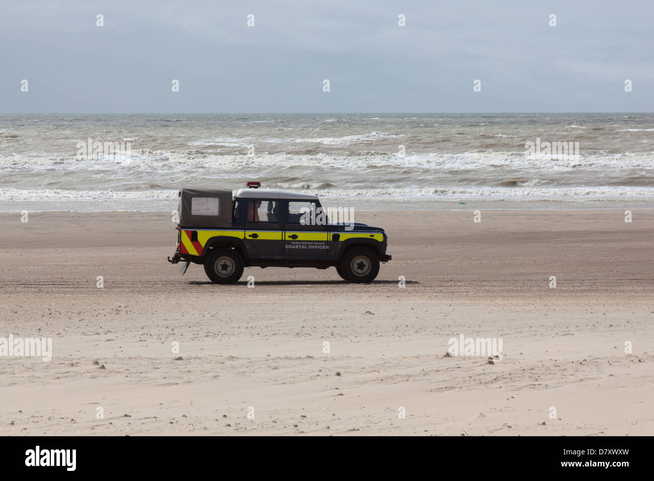 Lifeguards land rover truck Camber Sands Beach, East Sussex, England ...
