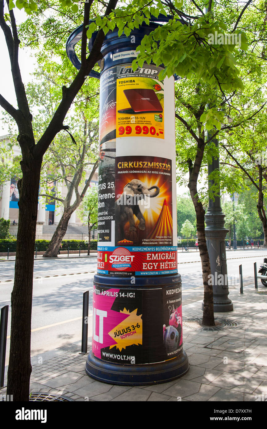 Budapest Hungary street scene advertising column pillar with posters ...