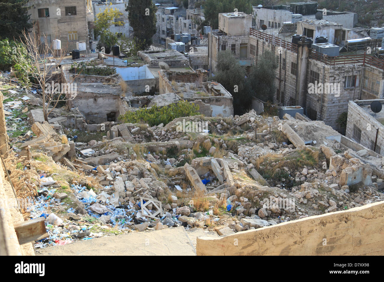 plastic water bottles thrown over a wall near The Citadel in Amman ...