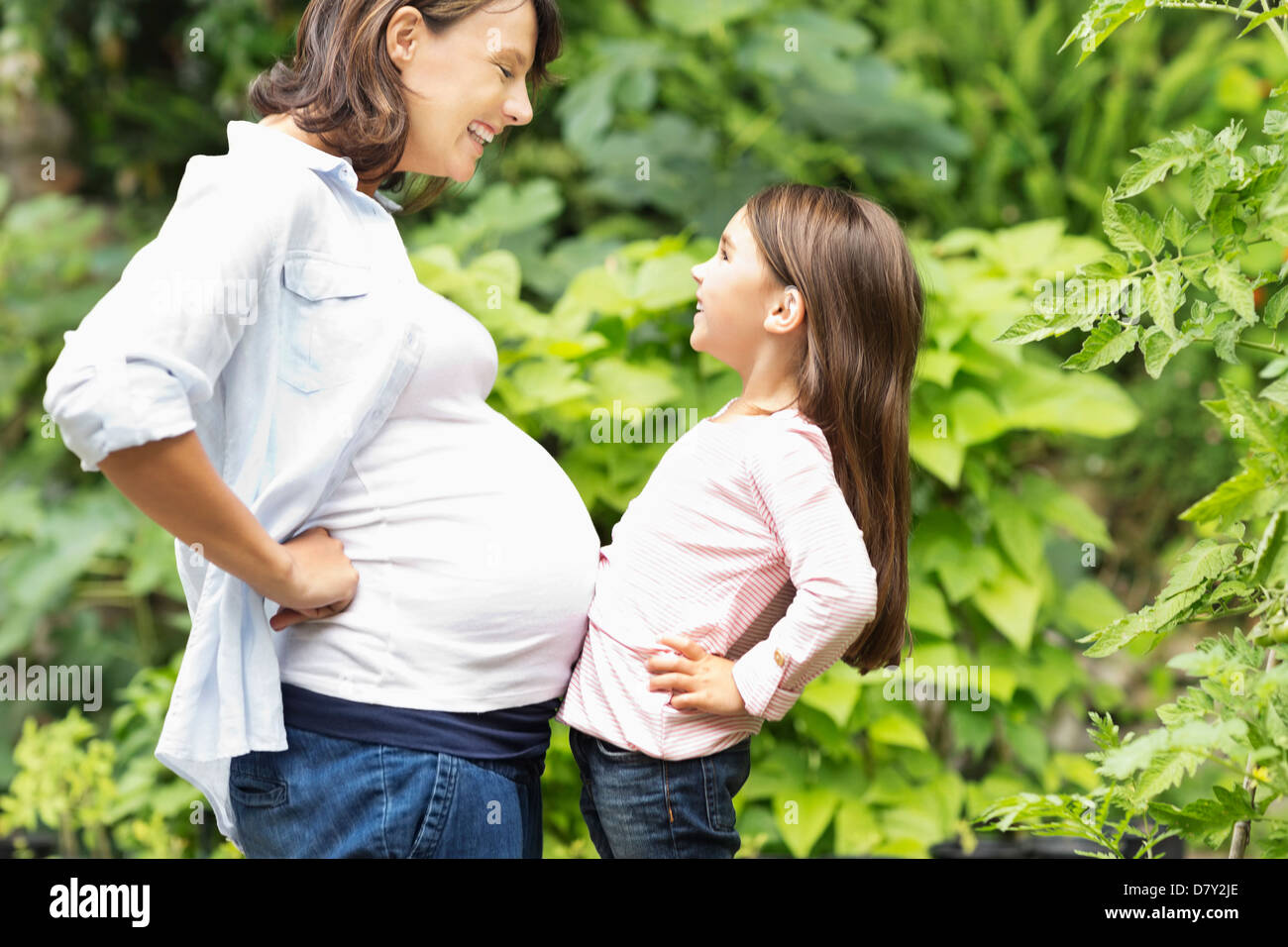 Girl bumping pregnant mother’s belly Stock Photo - Alamy