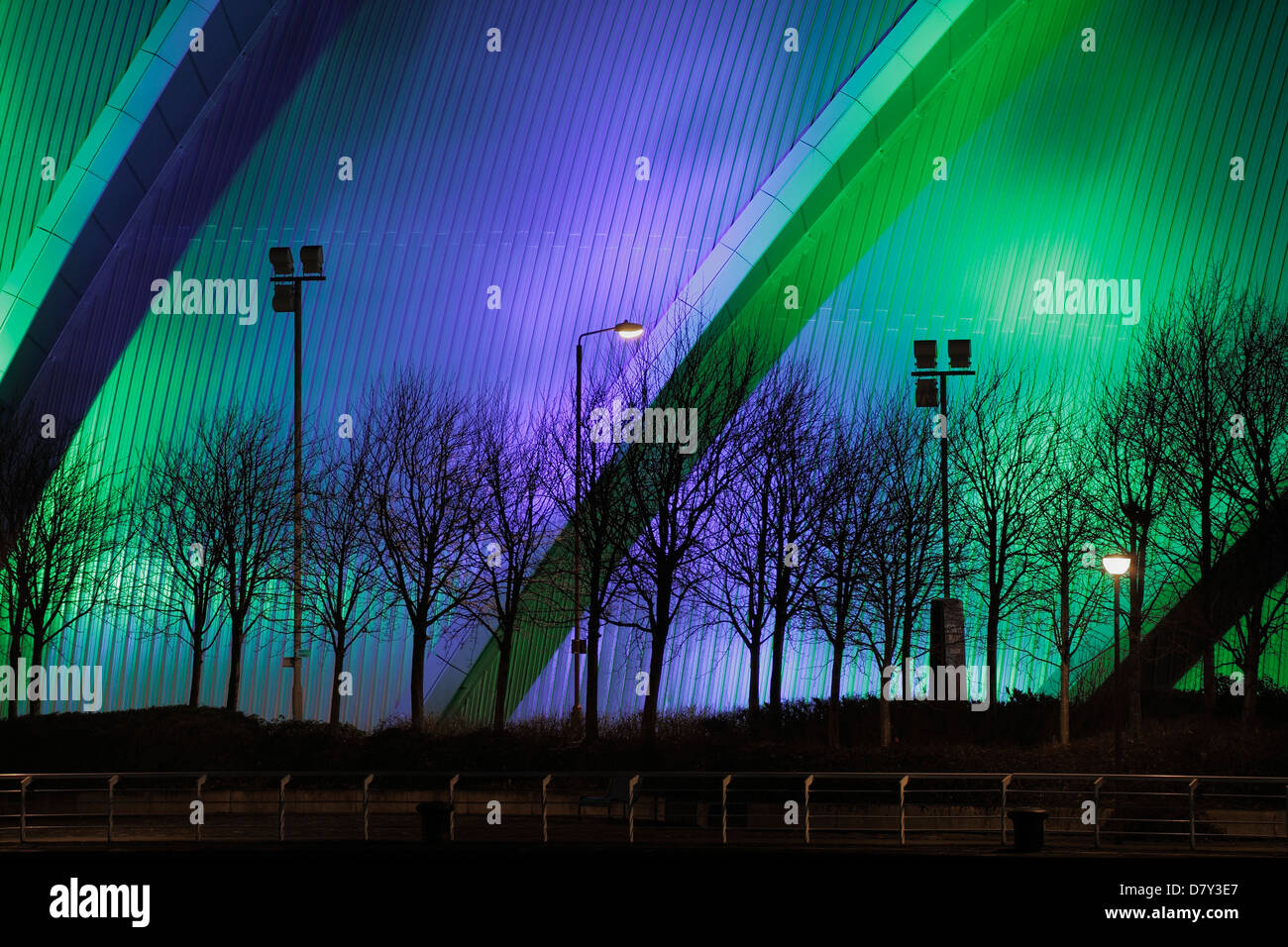 SEC Armadillo / Clyde Auditorium building detail illuminated at night ...