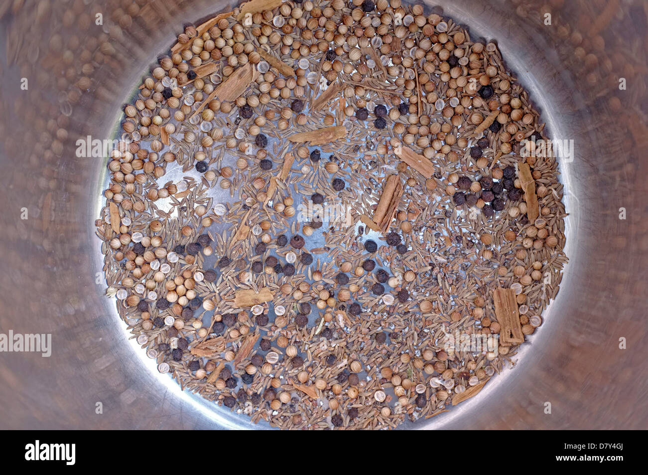 Toasting black pepper, coriander, cinnamon & cumin seeds Stock Photo ...