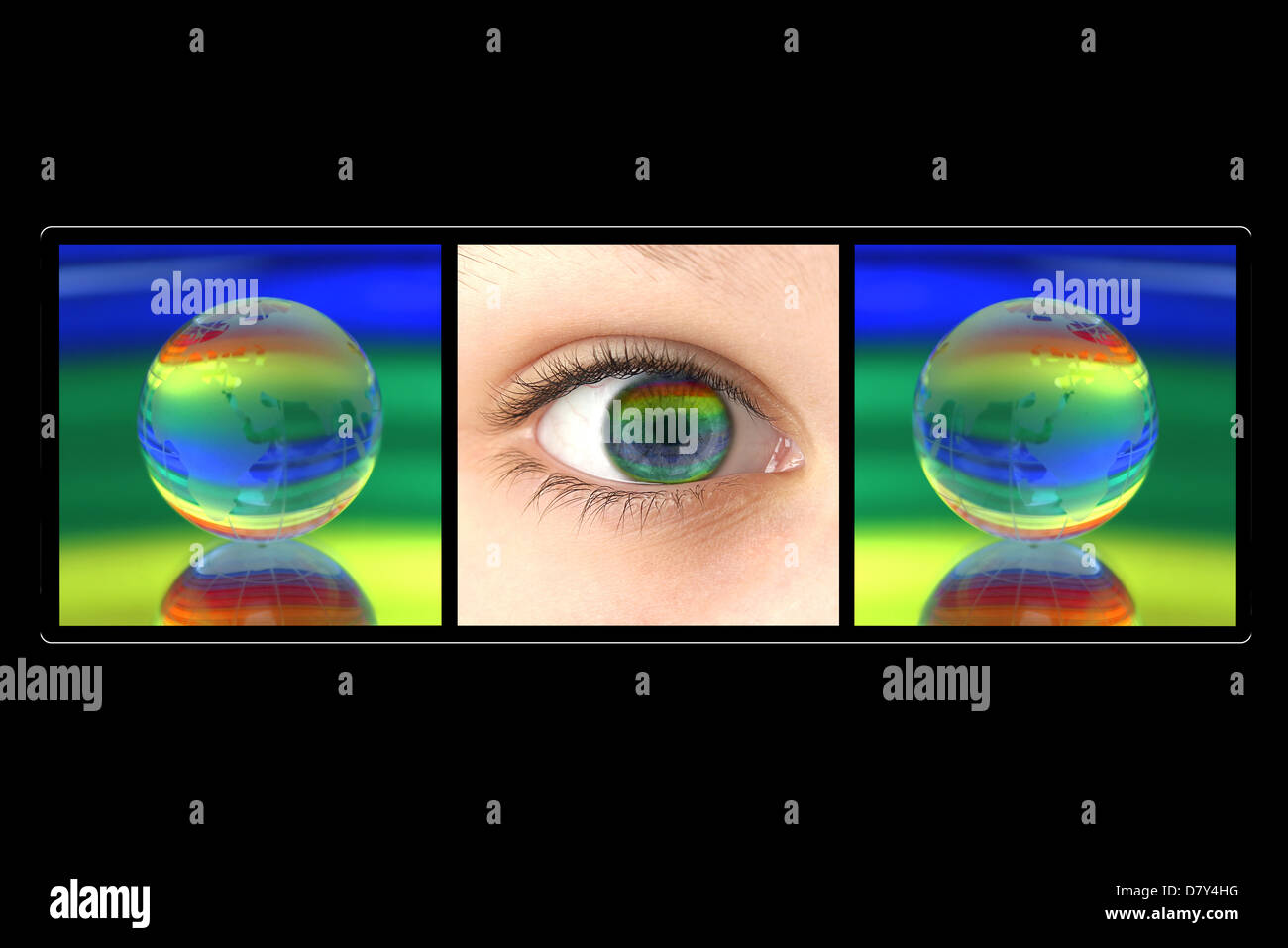 Globe on a surface of a mirror. On a multi-coloured background. And eye ...