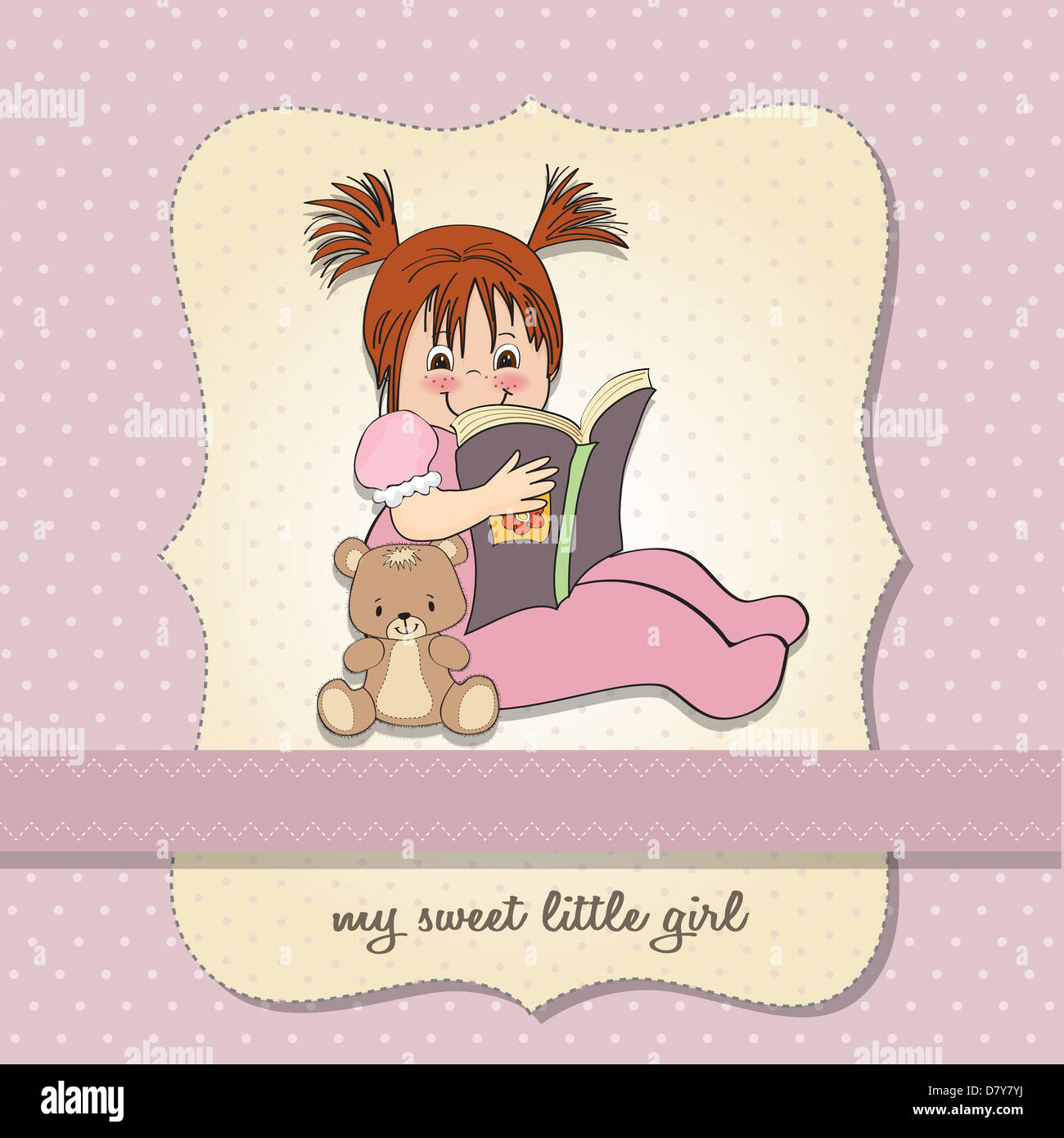 sweet little girl reading a book, vector illustration Stock Photo - Alamy