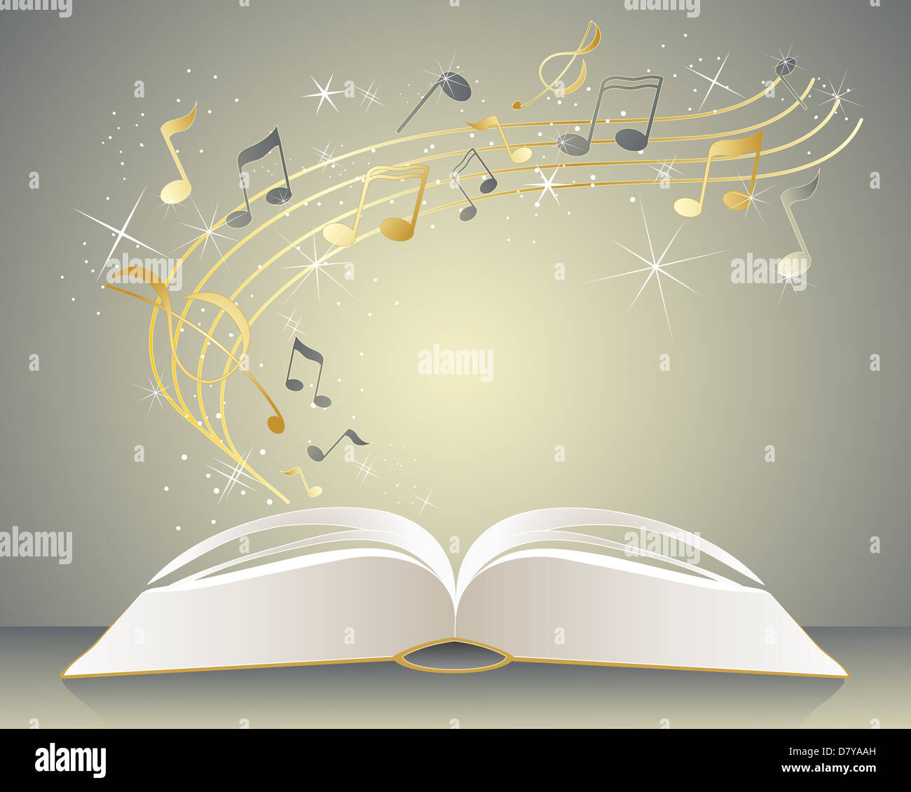 an illustration of an open music book with gold and gray notes ...