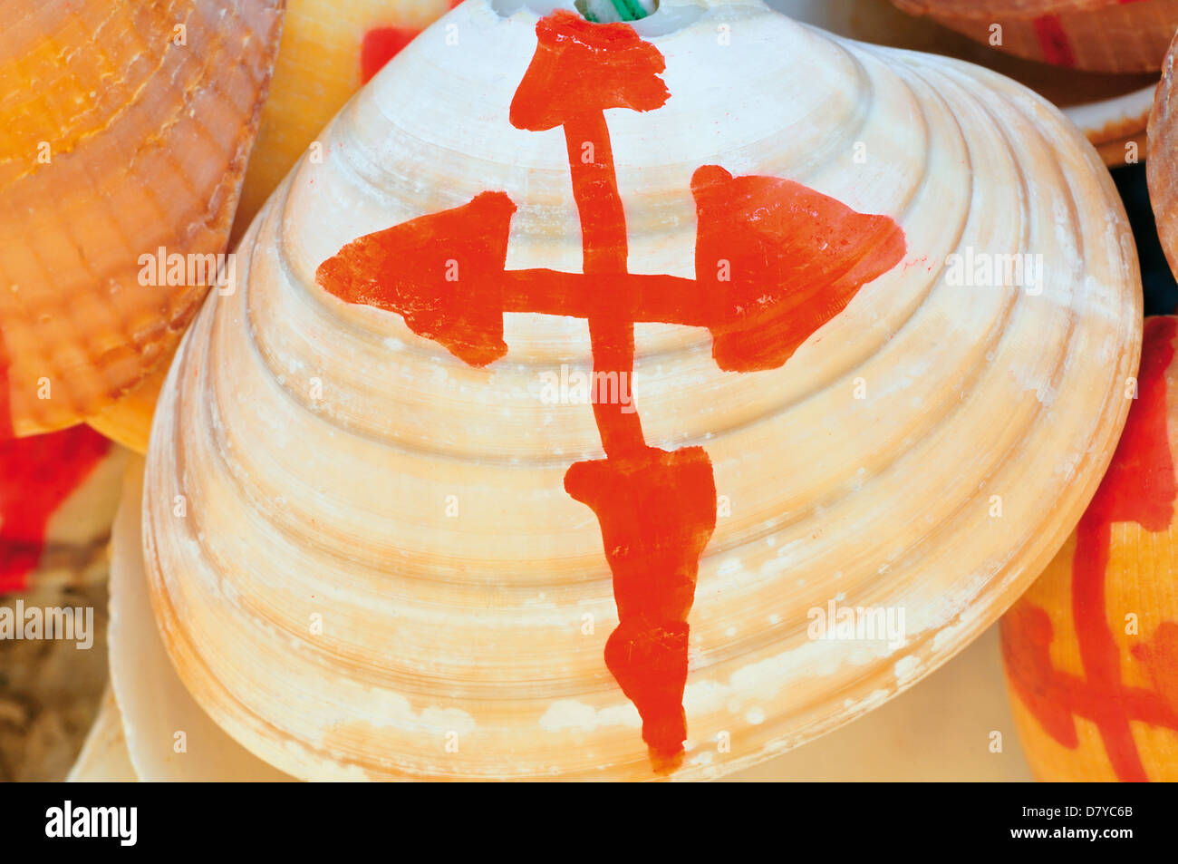 Spain, St. James Way: Shell with hand painted red cross as a symbol of ...