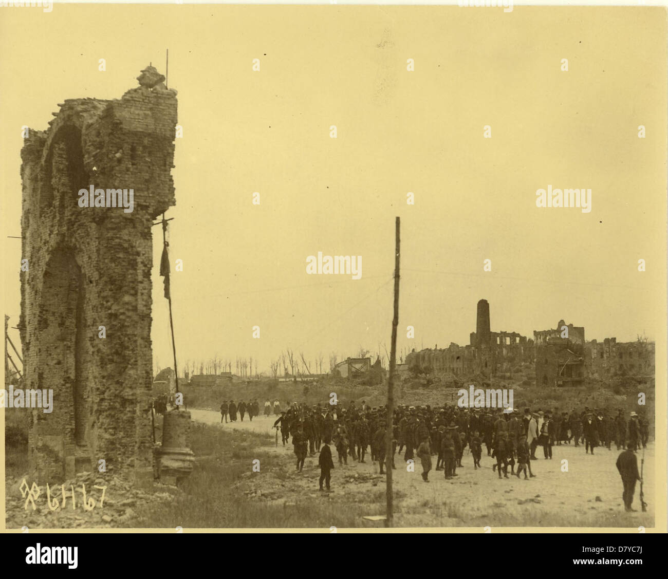 This image shows the ruins of Ypres, Belgium, during World War I ...