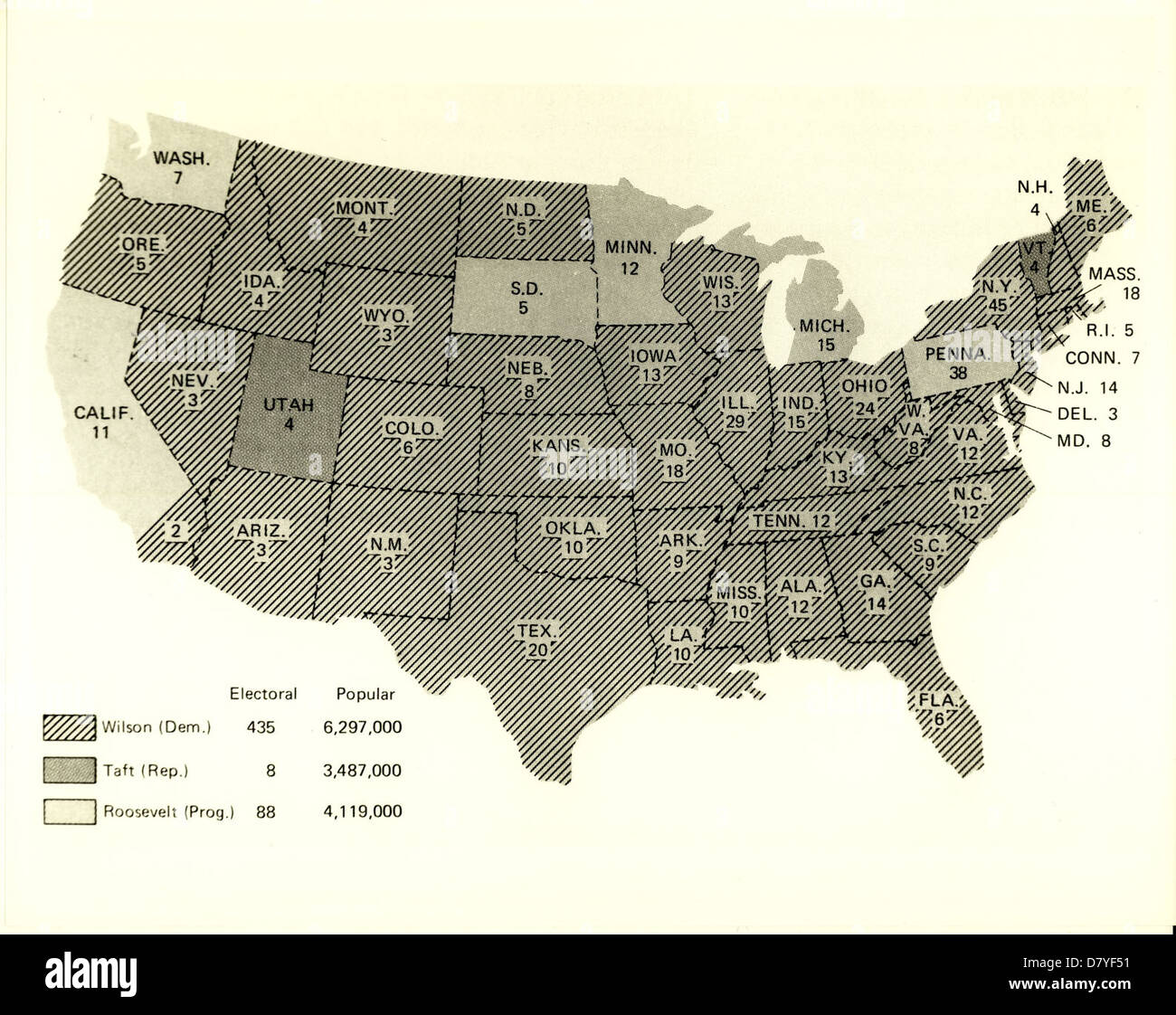 The electoral map of the 1912 U.S. presidential election, showing the ...