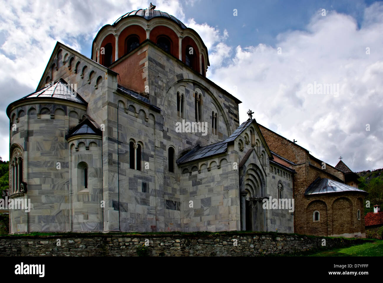The most famous Serbian monastery with beautiful park and flowers at ...