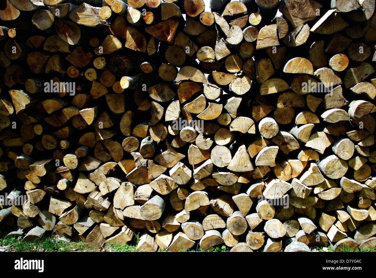 Stacked raw logs, ready for transport and processing in wood industry ...