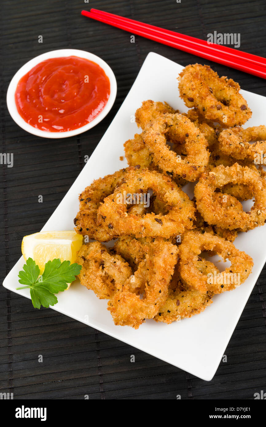 Ika Furai - Deep fried breaded squid rings with chili sauce Stock Photo ...