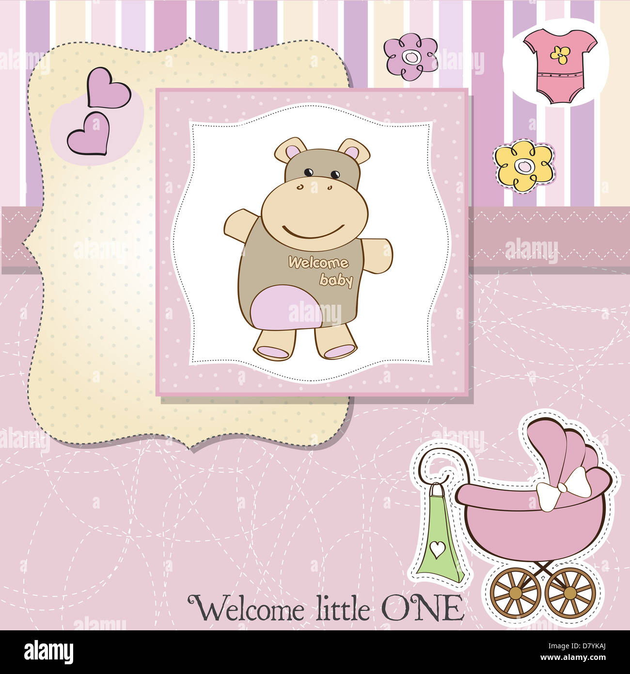 childish baby girl announcement card with hippo toy Stock Photo - Alamy