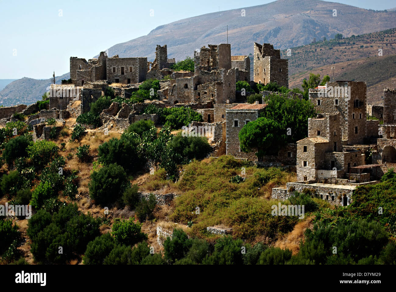 Panorama landscape of traditional old Greek village named Vathia at ...