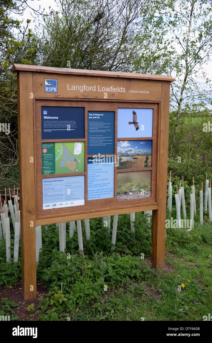 Sign Board to the entrance of the RSPB Langford Lowfields Reserve Stock ...