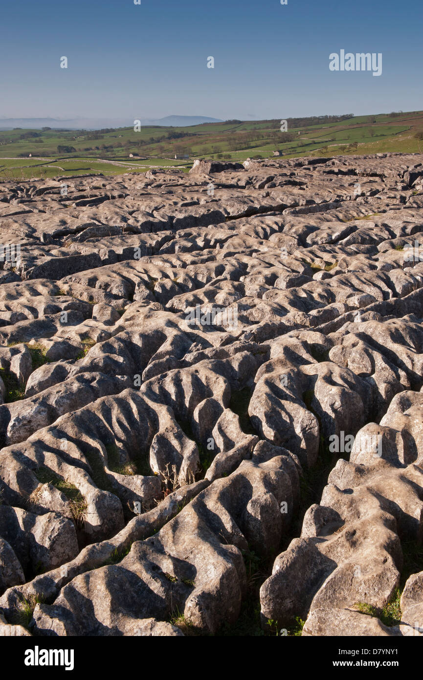 View across deserted sunlit upland limestone pavement, spectacular ...
