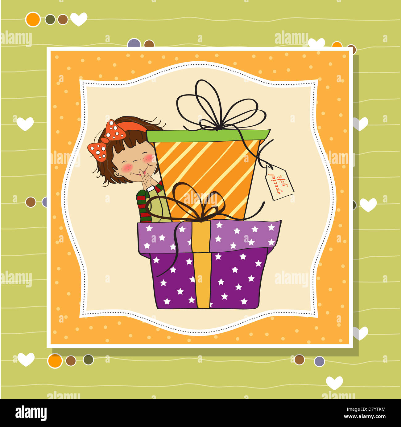 cute little girl hidden behind boxes of gifts. happy birthday greeting ...