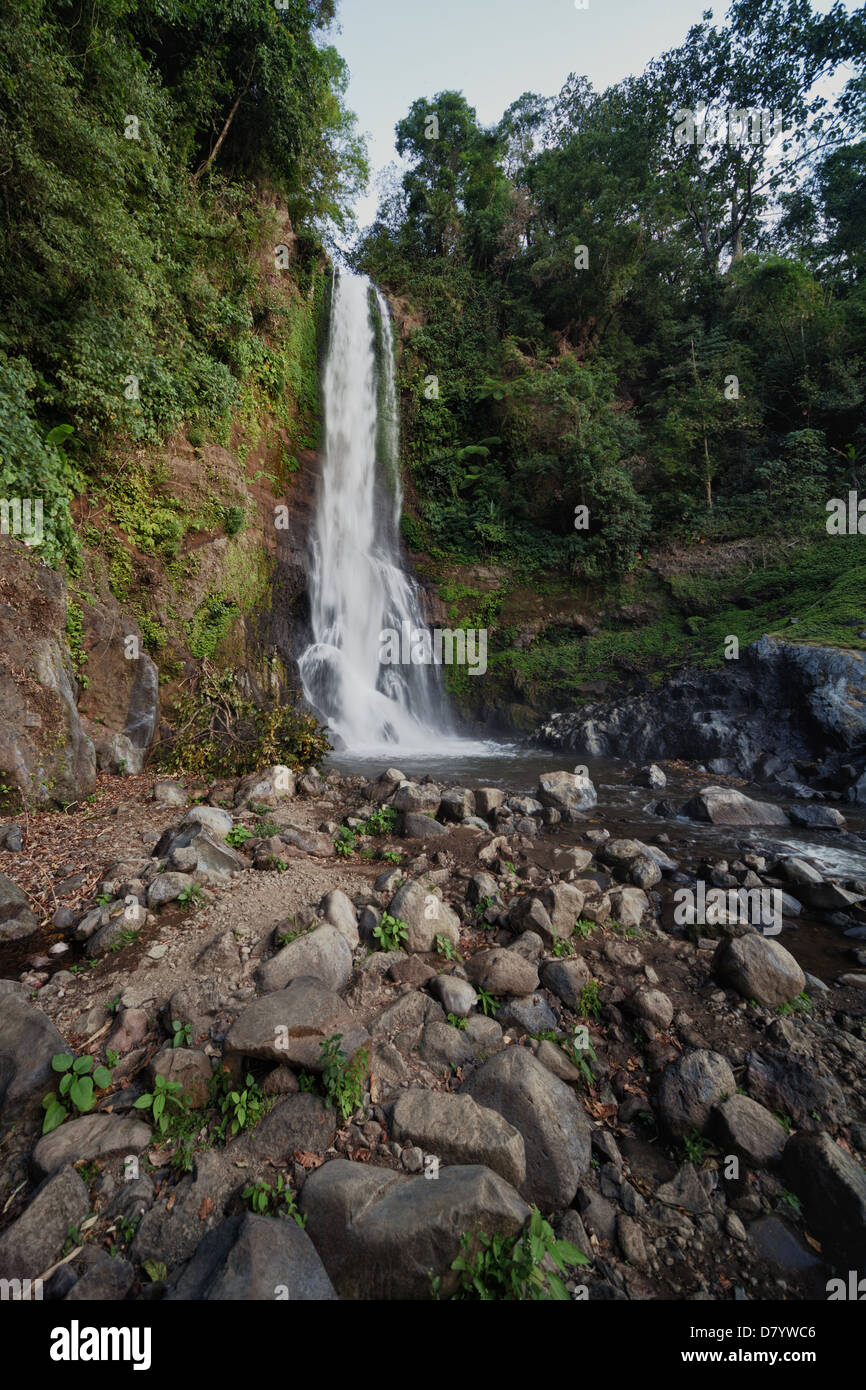 Highest waterfall in the mountains of Indonesia. Vertical landscape ...