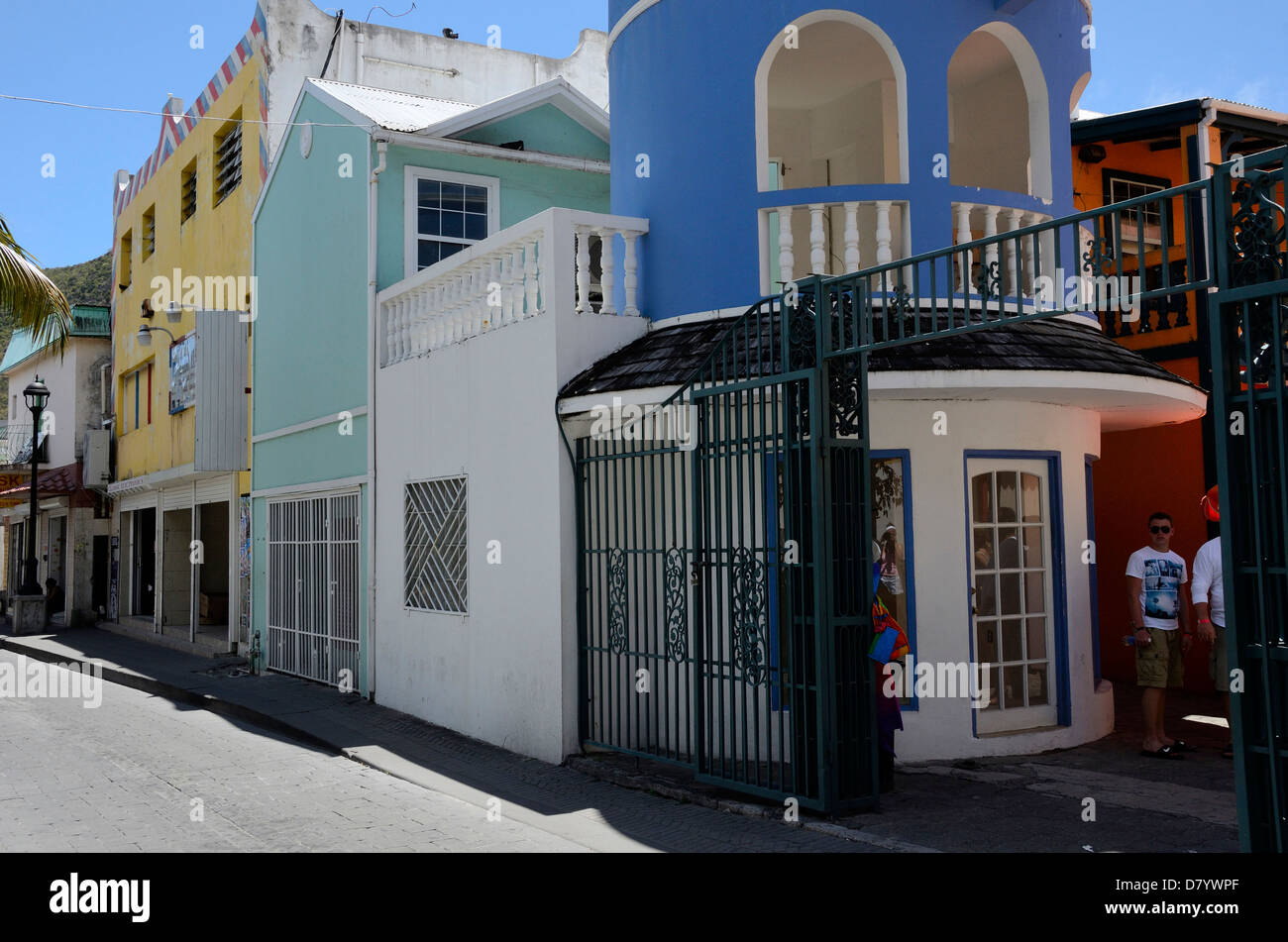 Colorful buildings and turret in Philipsburg, St. Maarten, Netherland ...