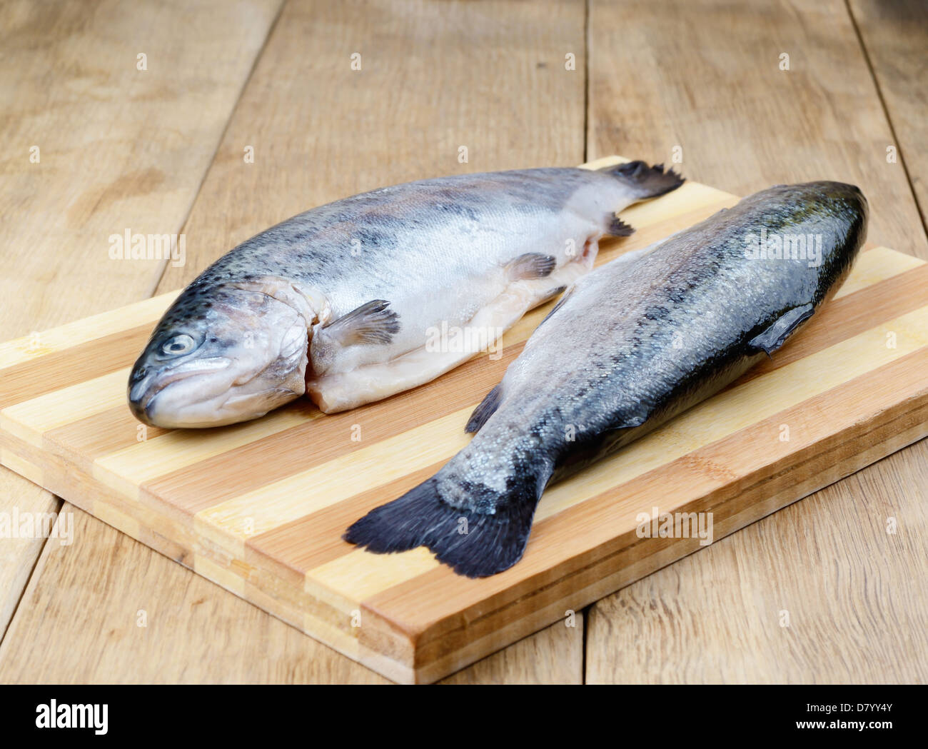 Two raw trout set on the kitchen table Stock Photo - Alamy