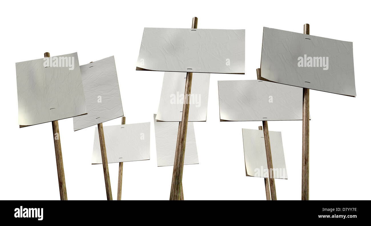 A set of nine blank, white picket placards attached to wooden stakes on ...