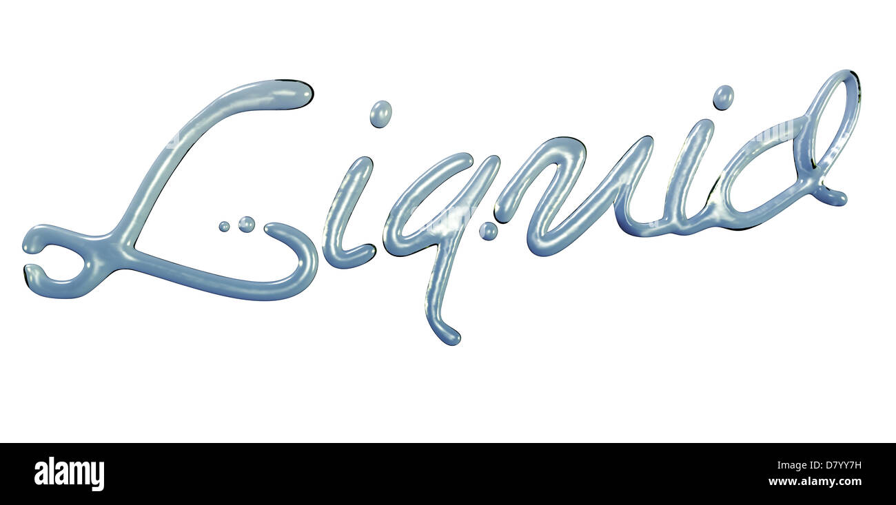 The word liquid written in a blue transparent fluid on an isolated ...