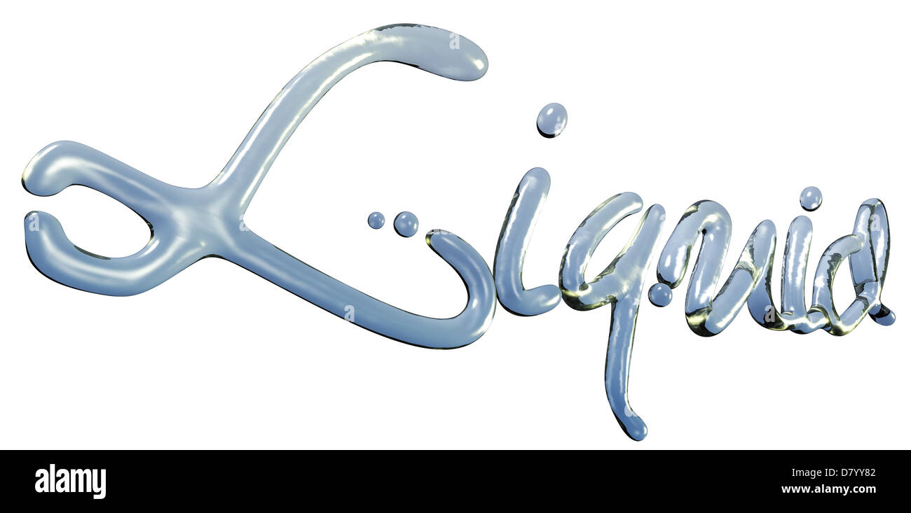 The word liquid written in a blue transparent fluid on an isolated ...