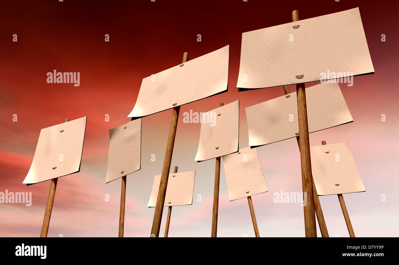 A set of nine blank, white picket placards attached to wooden stakes on ...