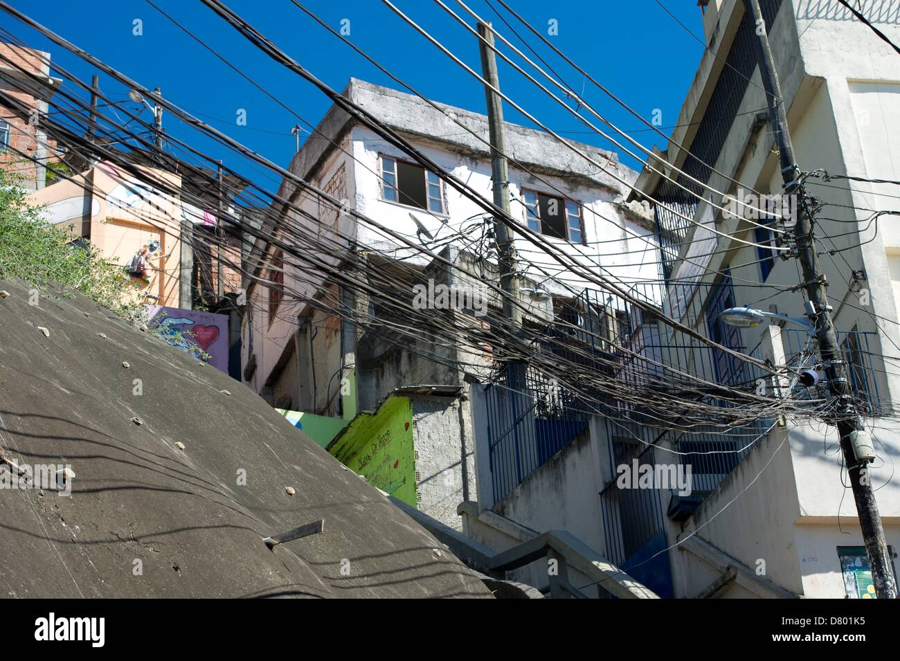 View of houses and wires in the favela Santa Marta in Rio de Janeiro ...