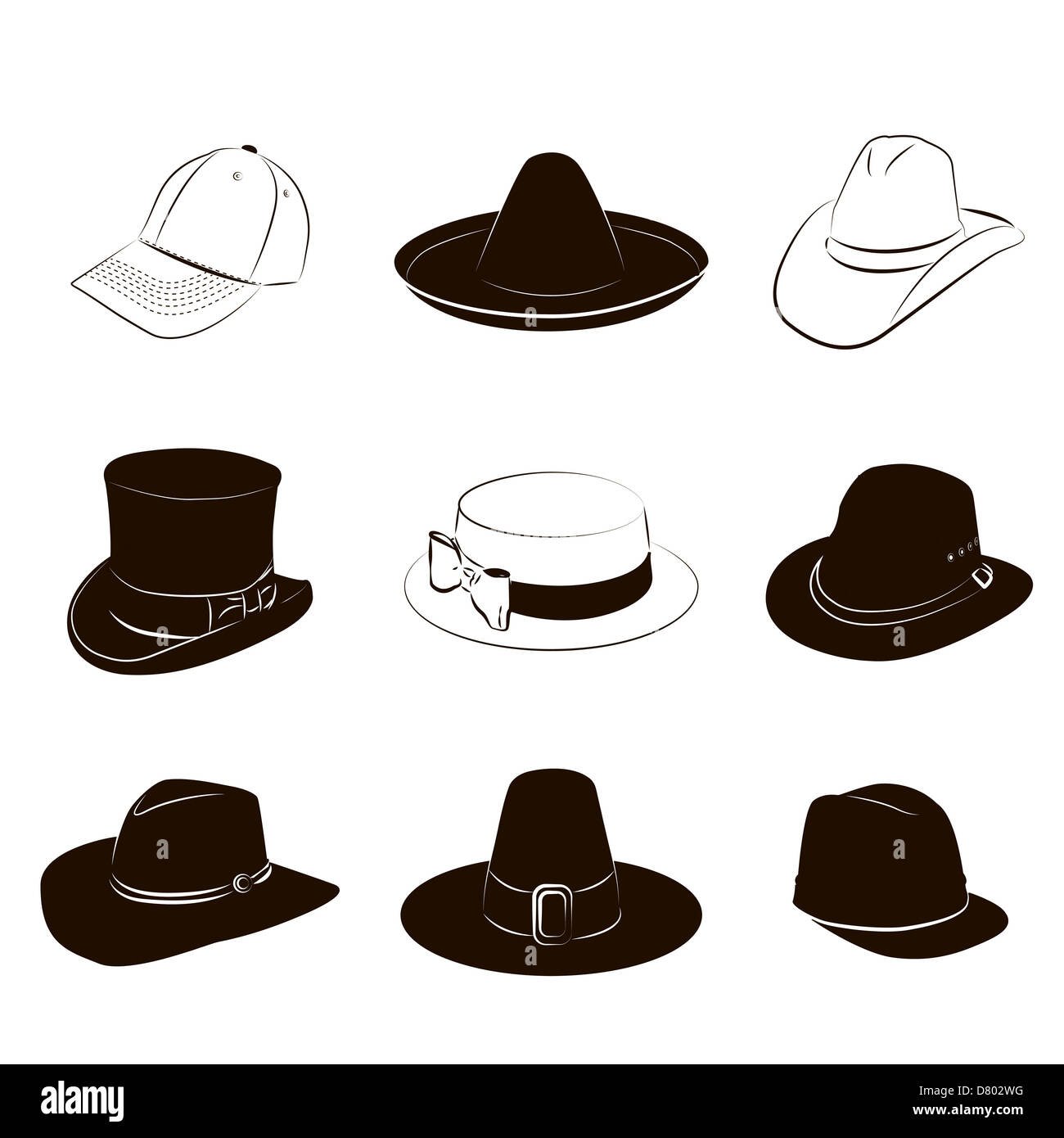Vector set of different black and white hats Stock Photo - Alamy
