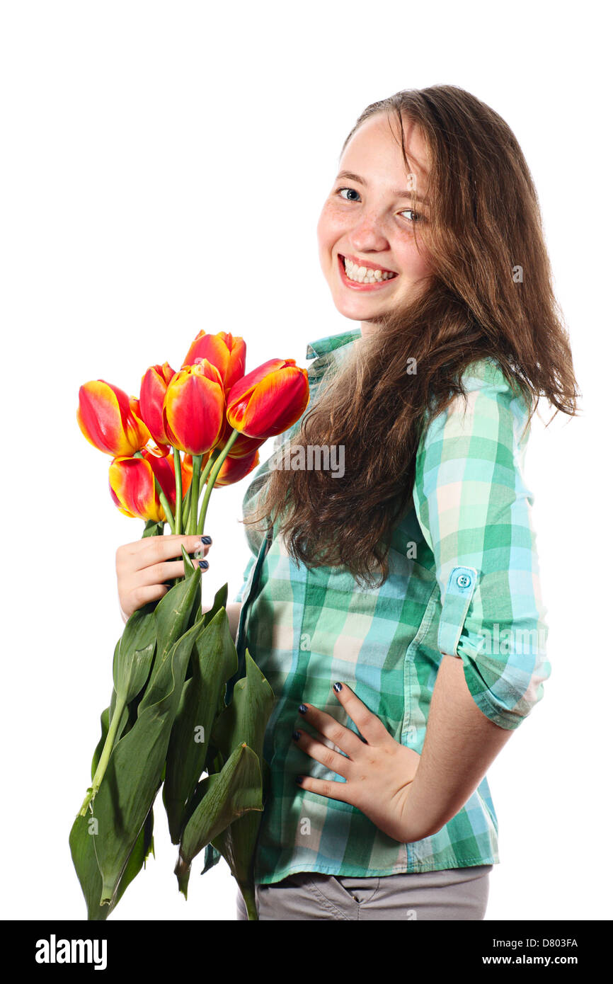 Smiling girl in sunspots with flowers. Isolation on white Stock Photo ...