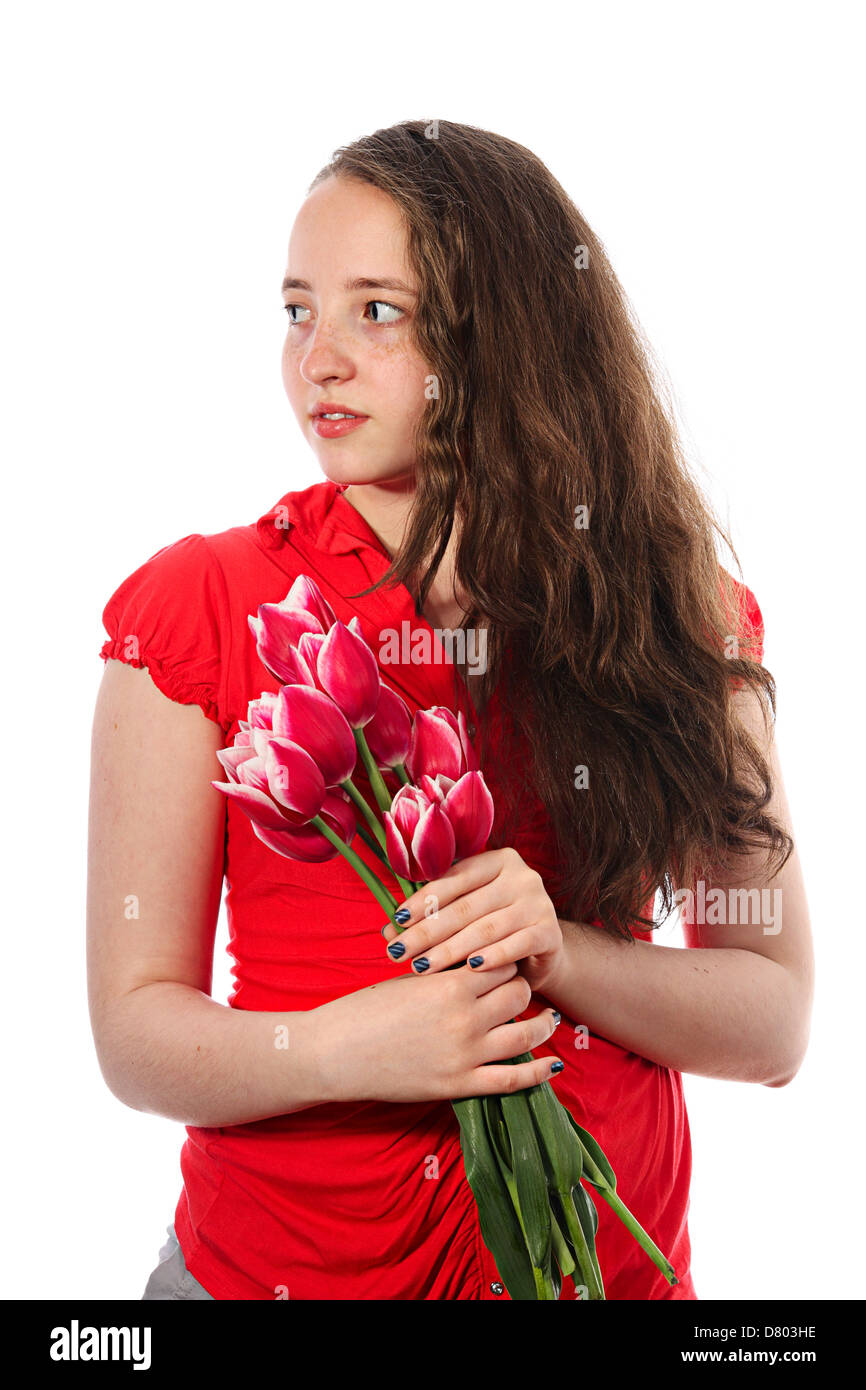Girl in sunspots with flowers. Isolation on white Stock Photo - Alamy