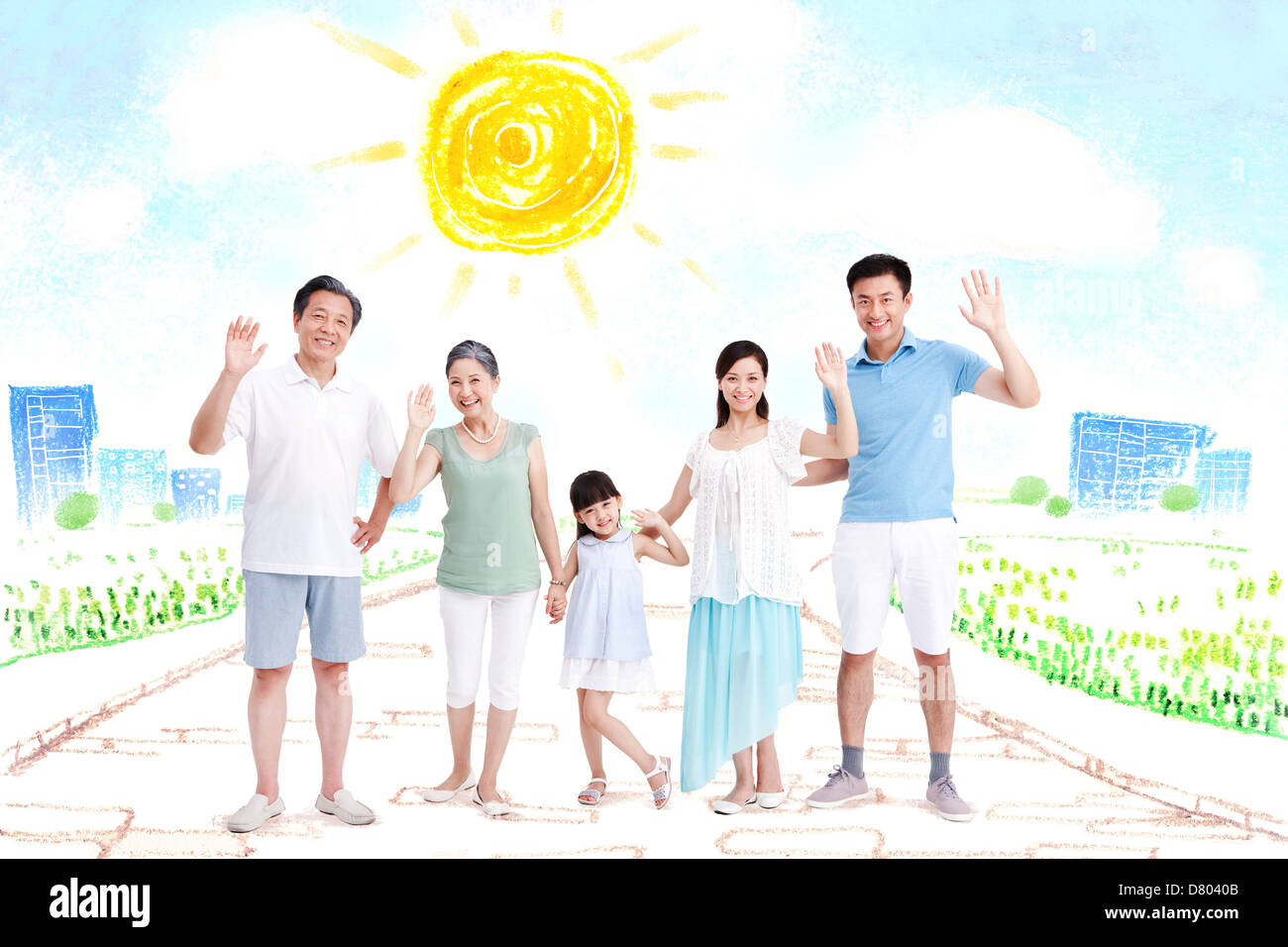 Happy family waving hands in community Stock Photo - Alamy