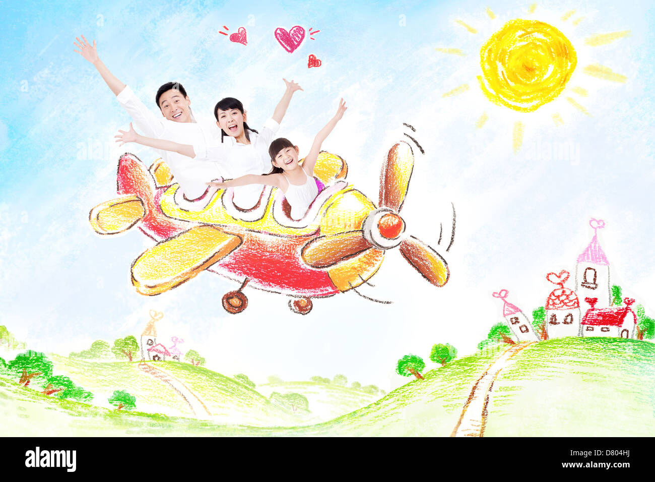 Excited family flying in an airplane Stock Photo - Alamy