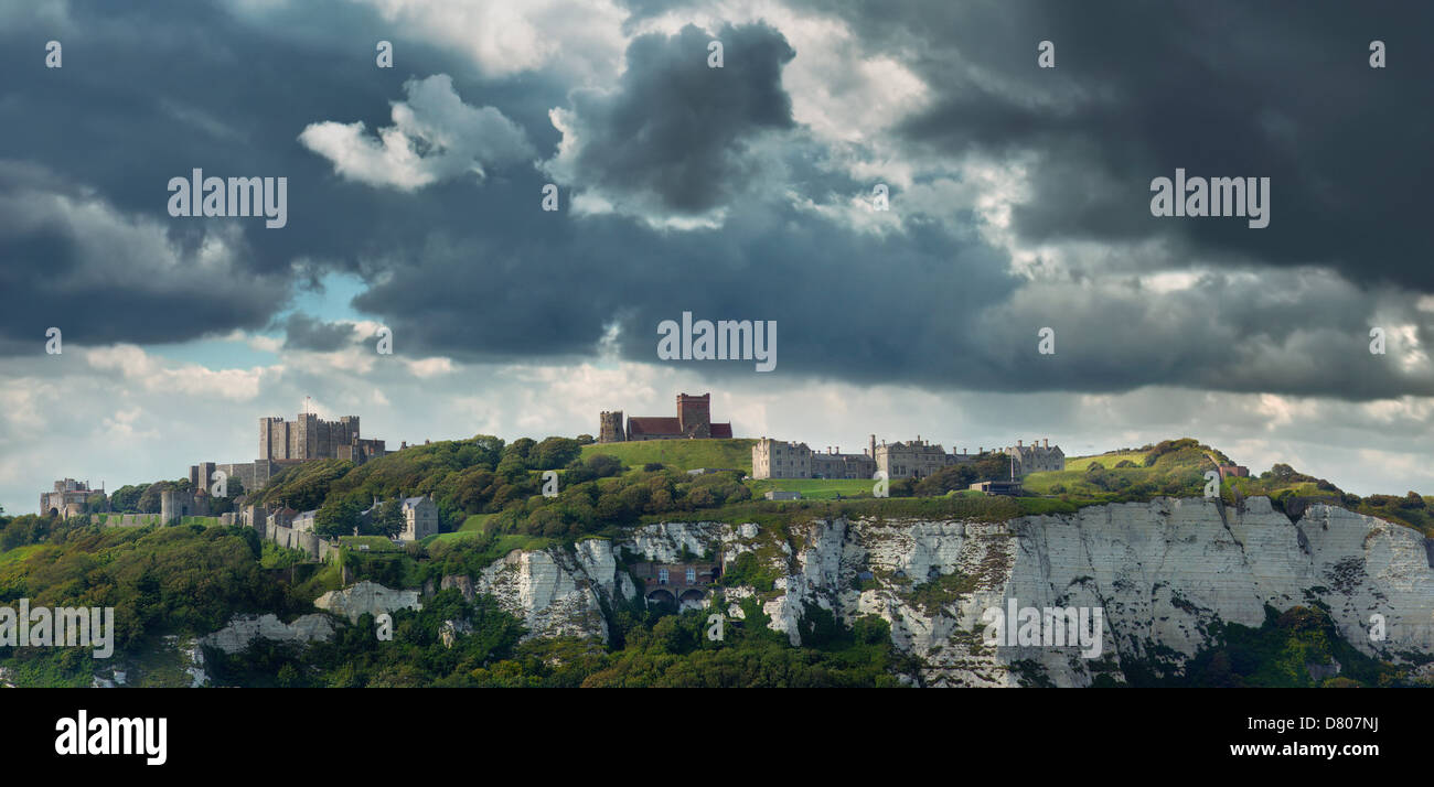 Town built on white cliffs under stormy sky, Dover, Kent, England Stock ...