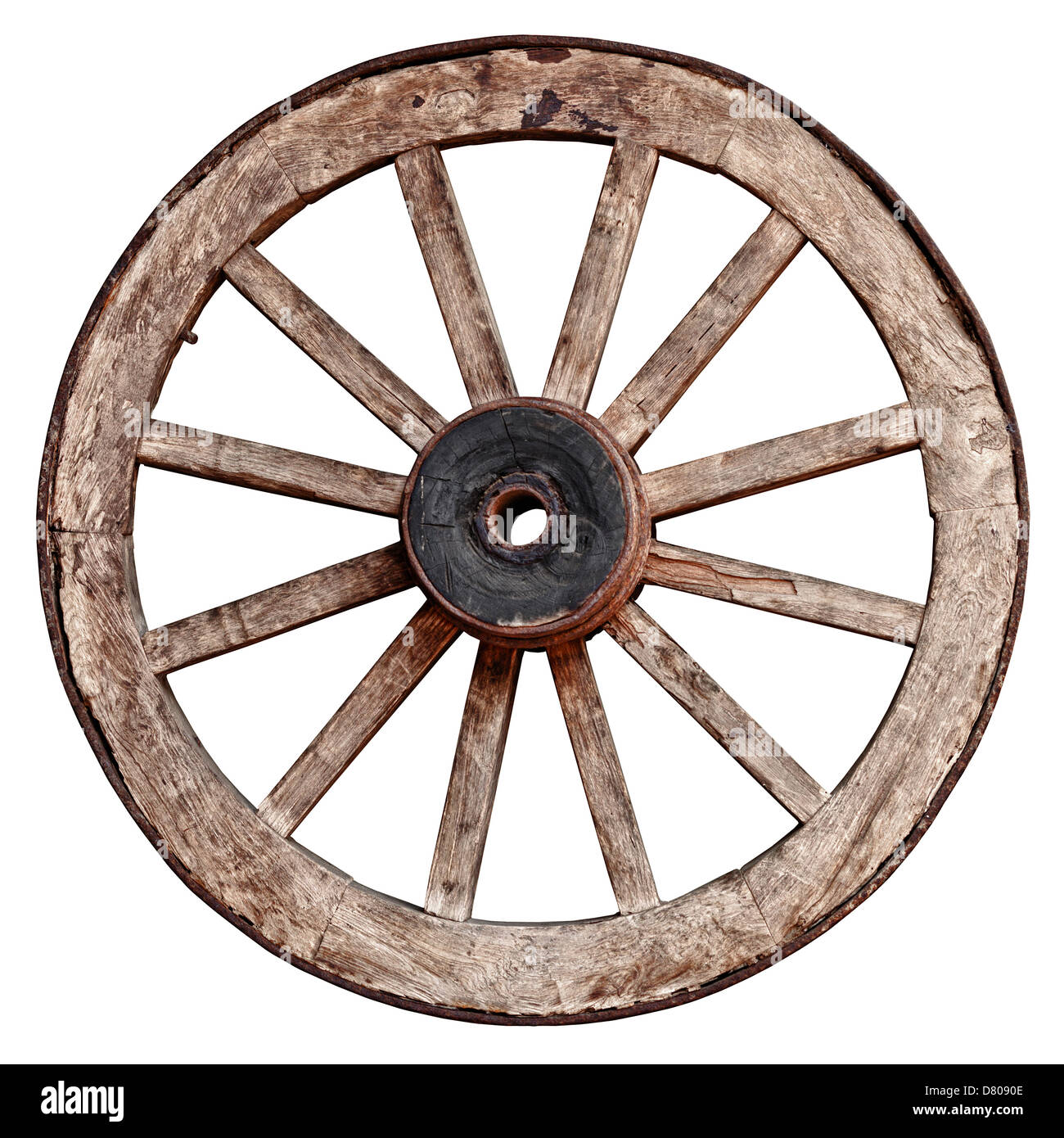 Old wooden wagon wheel isolated on white background Stock Photo - Alamy