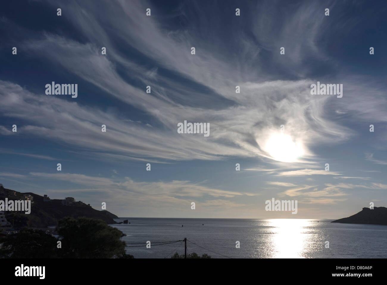 Cirrus clouds, blue sky, summer weather, Aegean Sea, Kalymnos Stock ...